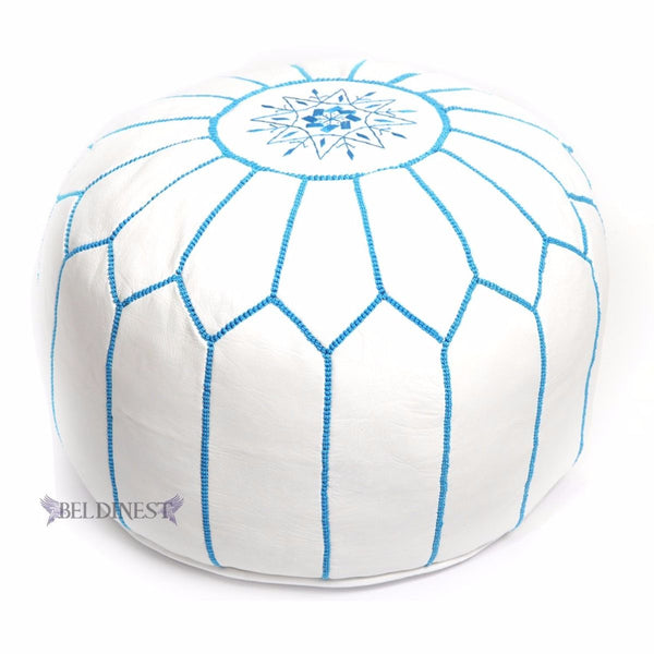 Moroccan Pouf- White with Turquoise Stitching – BeldiNest